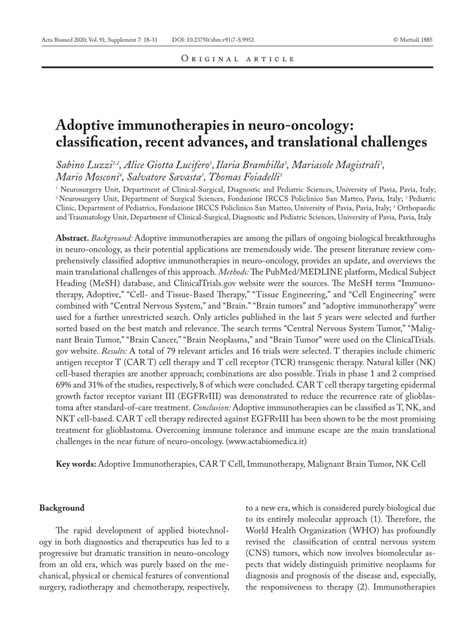 Pdf Adoptive Immunotherapies In Neuro Oncology Classification