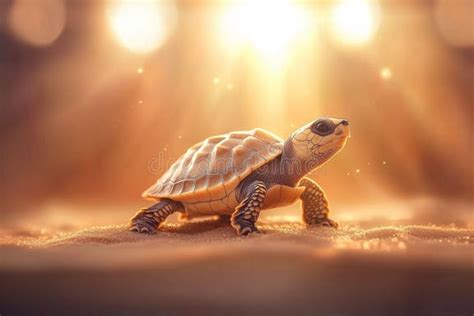 Newborn Loggerhead Sea Turtle Crawling On Sand Towards The Sea Under