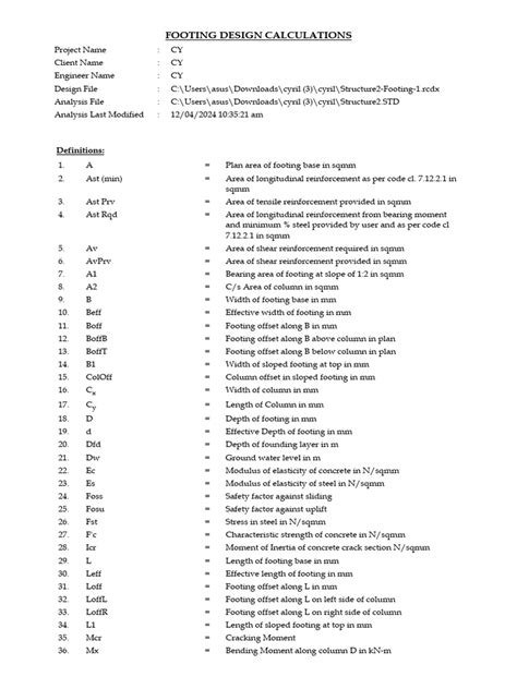 Footing Design Design Calculation Pdf Bending Force