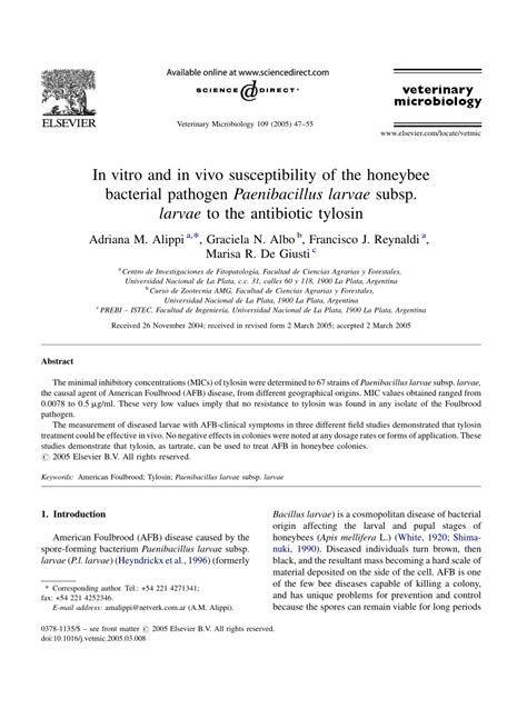Pdf In Vitro And In Vivo Susceptibility Of The Honeybee Bacterial Pathogen Paenibacillus