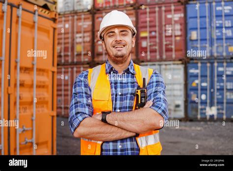 Portrait Of Smiling Container Man Worker In Container Warehouse Import And Export Shipping