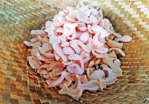 Indonesian Fried Chips Names Kerupuk Placed On Bamboo Basket Stock