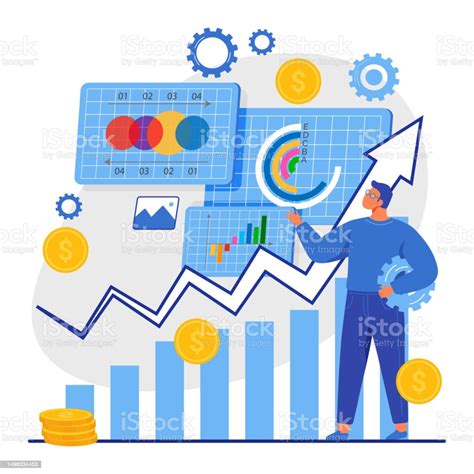 비즈니스 데이터 분석 성장 차트를 분석하는 남자 금융가 마케터 매출 및 기술 향상 개념에 대한 스톡 벡터 아트 및 기타 이미지