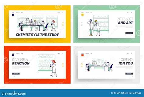 Chemistry Scientists Work In Lab Landing Page Template Set Chemist Characters In Lab Clothing
