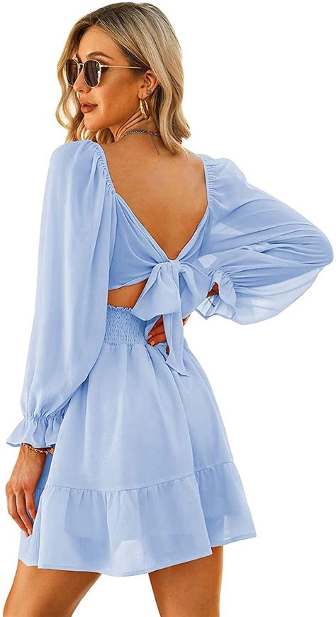 Exlura Women Tie Back Long Lantern Sleeve Square Neck Ruffle Dress
