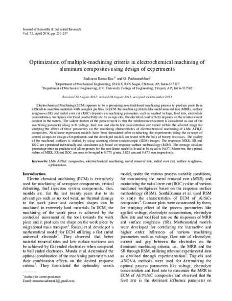 Pdf Optimization Of Multiple Machining Criteria In Electrochemical Machining Of Aluminum