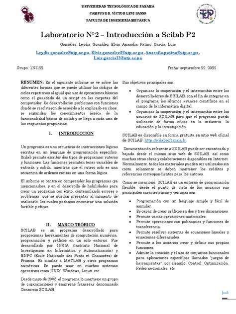 Lab N°2 Introducción A Scilab P2 Pdf Programa De Computadora