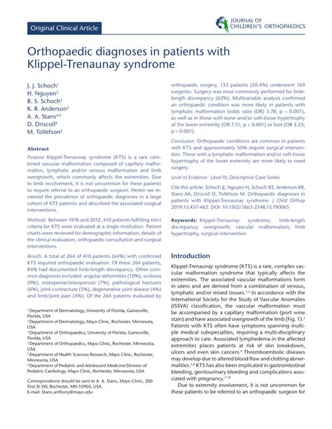 Pdf Orthopaedic Diagnoses In Patients With Klippel Trenaunay Syndrome