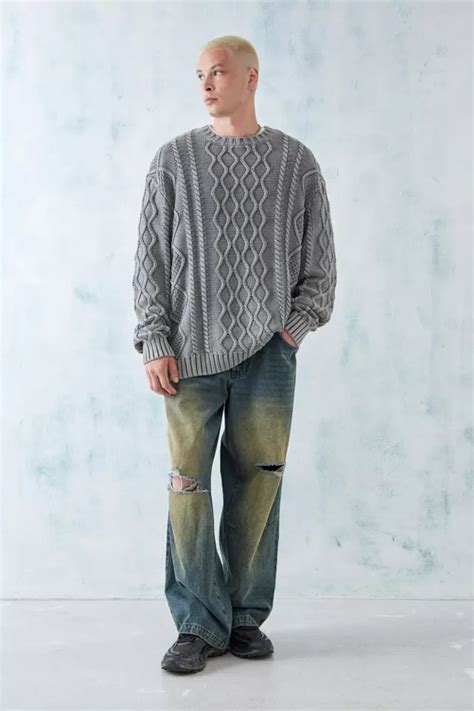 Bdg Acid Wash Grey Cable Knit Sweater Urban Outfitters