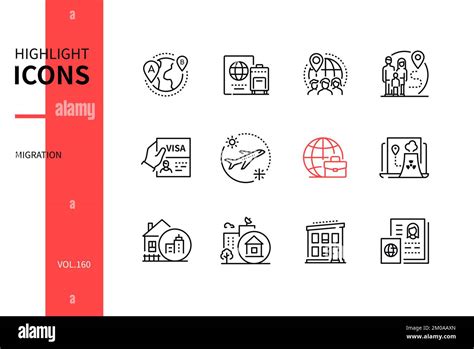 International Migration Modern Line Design Style Icons Set Stock