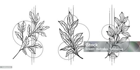 흑백 나뭇잎 나뭇가지 꽃 흰색 배경에 격리된 천례 기하학적 심볼의 벡터 그림 신비로운 토템 심볼 문신 색칠하기 책에 대 한 손으로 그린 그림 꽃무늬에 대한 스톡 벡터 아트