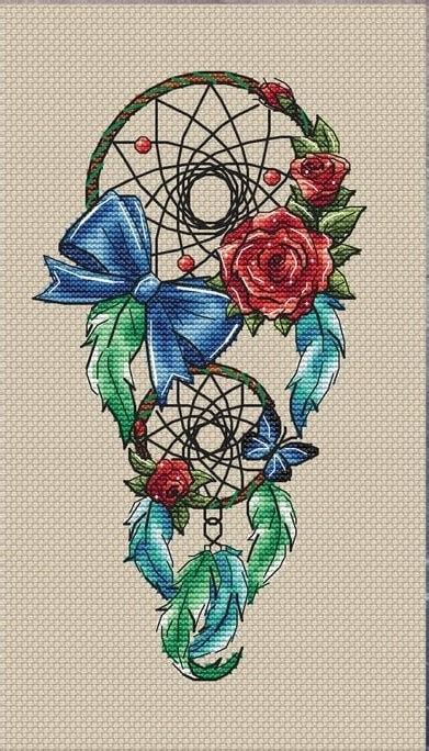 Схема вышивки Ловец снов с красной розой и синим бантом