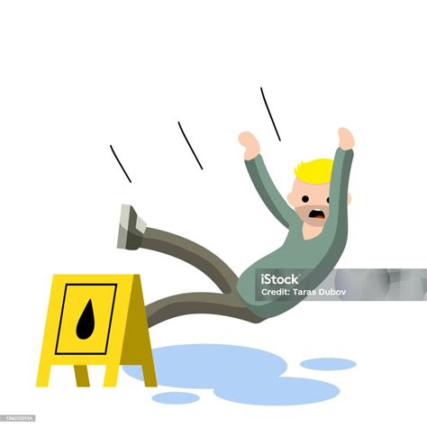 남자는 젖은 바닥에 미끄러졌다 위험과 위험 물 웅덩이에 미끄러지기 실수와 떨어지는 플랫 만화 일러스트레이션 개념에 대한 스톡 벡터 아트 및 기타 이미지 Istock