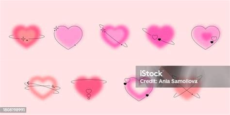 선형 모양과 별이 있는 흐릿한 분홍색 그라데이션 하트 세트 트렌디한 Y2k 스타일 디자인 템플릿입니다 모던한 미니멀리즘 스타일 소셜 미디어 또는 로고 요소 개념에 대한 스톡