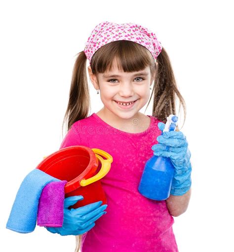 Girl With Spray And Sponge In Hands Ready To Help With Cleaning