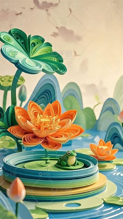 荷花池ai数字艺术 立夏节气衍纸3d卡通剪纸风荷花池卡通荷花 Ai立体元素免费下载格式6000像素编号71858887 千图网