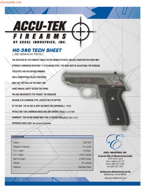 Accu Tek Hc 380 Pistol Tech Sheet Norestriction Pdf