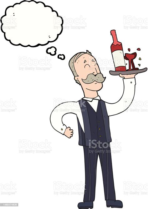 Freehand Drawn Thought Bubble Cartoon Waiter Stock Illustration