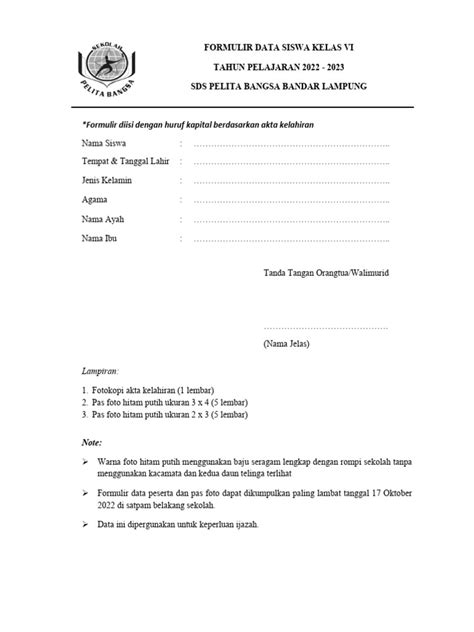Formulir Data Siswa Kelas 6 Pdf