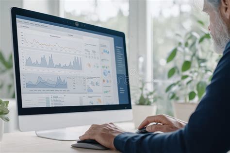 man analyzes data on computer screen businessman works with data