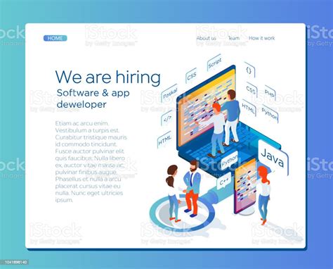 응용 프로그램 개발자 또는 프로그래머를 고용합니다 개발자는 모바일 애플 리 케이 션을 구축 하 고 사용자 인터페이스 통신 및 기술 개념에 협력 아이소메트릭 3d 사람 구함