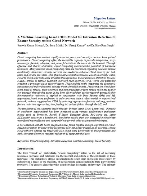 A Machine Learning Based Cids Model For Intrusion Detection To Ensure