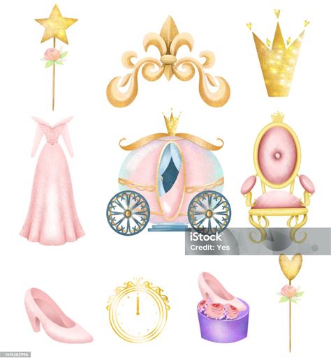 동화 공주 요소 세트 흰색 배경에 고립 된 일러스트레이션 아기 소녀 샤워 클립 아트 신데렐라에 대한 스톡 벡터 아트 및 기타 이미지 신데렐라 마차 0명 Istock