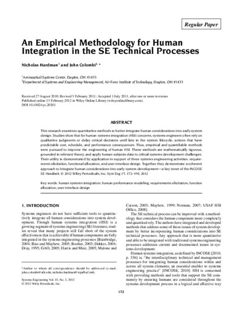 Pdf An Empirical Methodology For Human Integration In The Se Technical Processes John