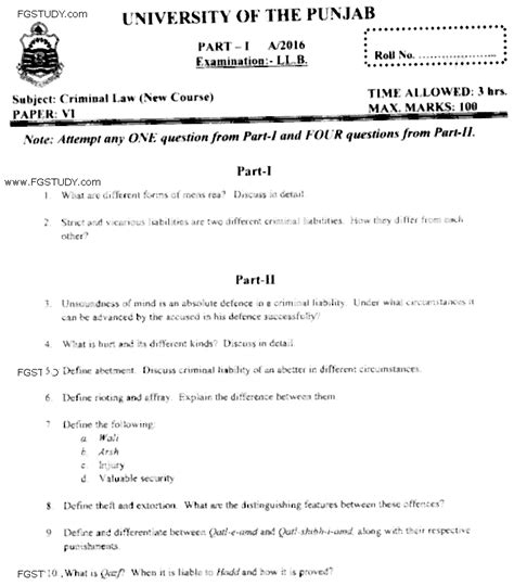Llb Part 1 Criminal Law Past Paper 2016 Punjab University