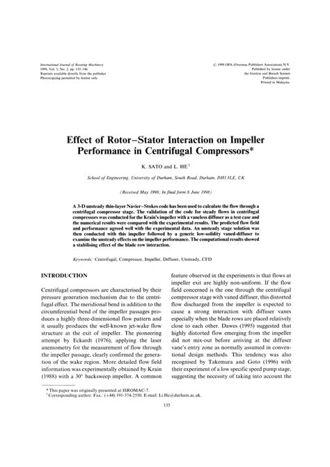 Pdf Effect Of Rotor Stator Interaction On Impeller Performance In
