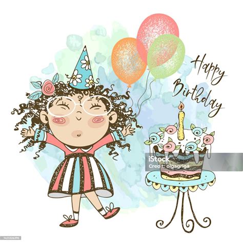 소녀를위한 생일 카드 풍선과 케이크를 든 귀여운 소녀가 생일을 축하합니다 벡터 공주에 대한 스톡 벡터 아트 및 기타 이미지