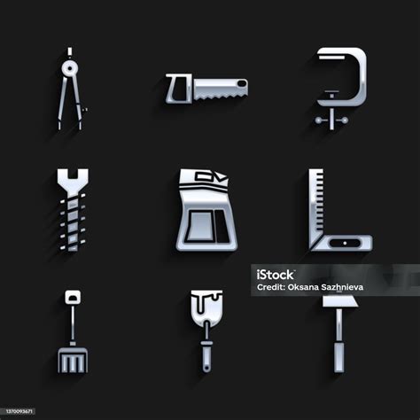 시멘트 가방 퍼티 나이프 해머 코너 눈금자 스노우 삽 금속 나사 클램프 및 도구 및 드로잉 나침반 아이콘을 설정합니다 벡터 각도에 대한 스톡 벡터 아트 및 기타 이미지