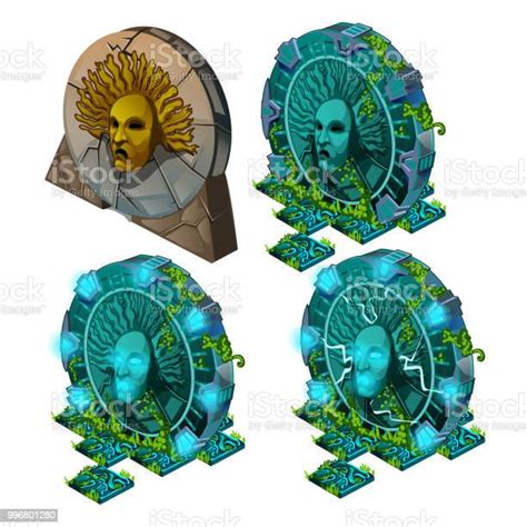 빛나는 장식 흰색 배경에 고립 된 남자의 구호 얼굴로 라운드 포털의 모양에 유물의 집합입니다 벡터 일러스트 레이 션 Freemasons에 대한 스톡 벡터 아트 및 기타
