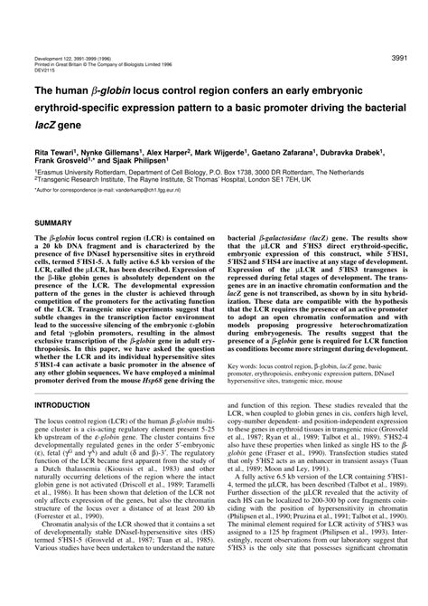 Pdf The Human β Globin Locus Control Region Confers An Early