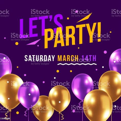 텍스트와 어두운 배경에 3d 사실적인 황금과 보라색 공기 풍선 벡터 그림 보라색에 대한 스톡 벡터 아트 및 기타 이미지 보라색 풍선 금 금속 Istock