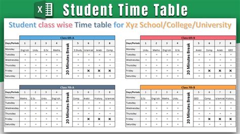 School Time Table Format In Excel Free Download Schoo