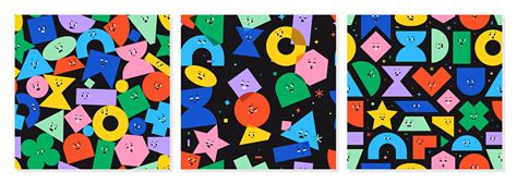 다른 얼굴 감정을 가진 귀여운 만화 기하학적 인물과 원활한 패턴의 세트 다채로운 재미있는 캐릭터 트렌디 한 벡터 일러스트레이션 다양한 기본 인물 어린이를 위한 포스터 0명에