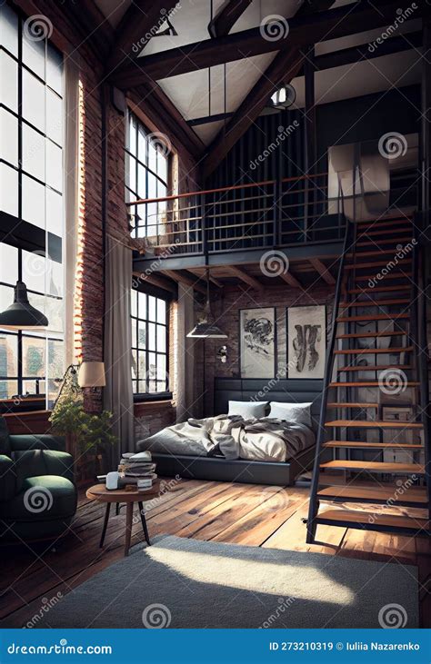 Designer Master Bedroom In Loft Style Ai Generated Stock Illustration
