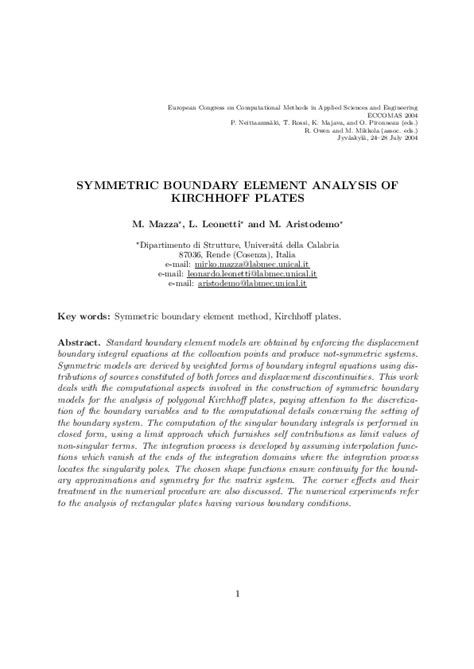 Pdf Symmetric Boundary Element Analysis Of Kirchhoff Plates