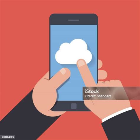 클라우드 스토리지는 휴대 전화 화면에 아이콘 사람이는 스마트폰 화면에서 클릭합니다 평면 벡터 일러스트 빨간색 배경에 고립입니다 개념에 대한 스톡 벡터 아트 및 기타 이미지