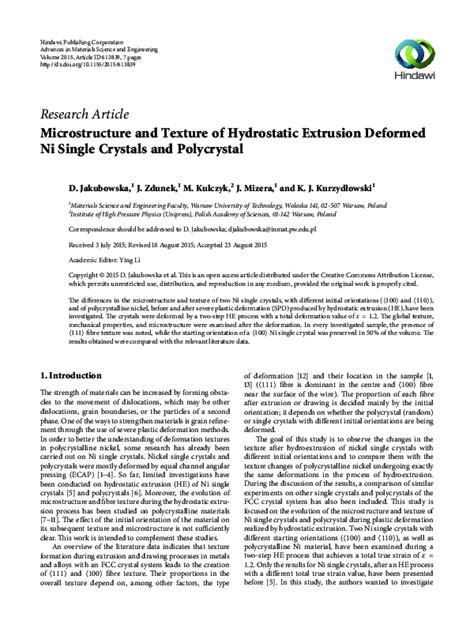 Pdf Microstructure And Texture Of Hydrostatic Extrusion Deformed Ni Single Crystals And