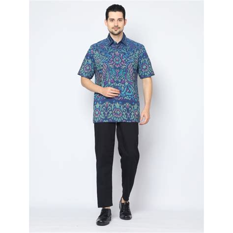 Jual Tenun Eboon Kemeja Tenun Ikat Patra Barong Biru Lengan Pendek