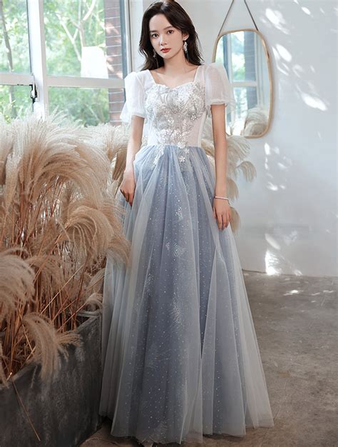 Beautiful Long Tulle Prom Dress Puffy Sleeve Formal Evening Gown Florashe