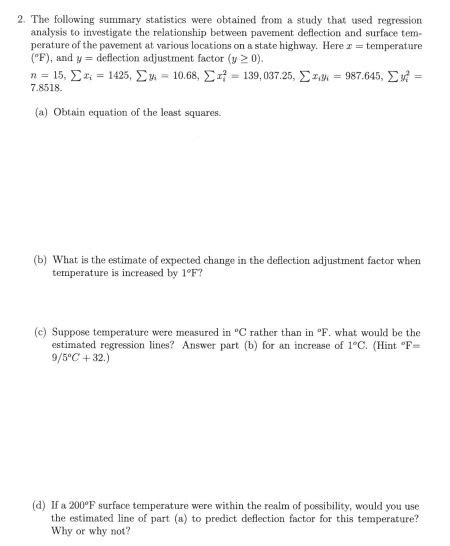 2 The Following Summary Statistics Were Obtained