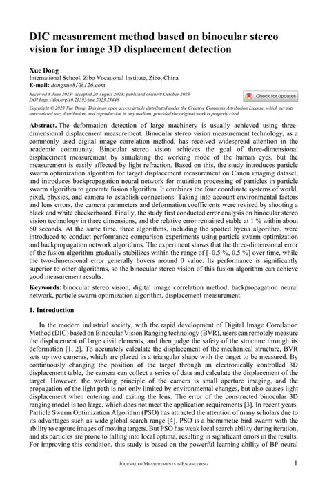 Pdf Dic Measurement Method Based On Binocular Stereo Vision For Image