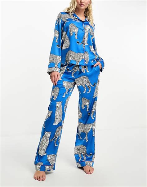 Chelsea Peers Exclusive Premium Satin Leopard Print Revere Top And