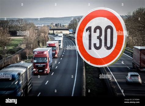 Speed Limit Sign 130 Above German Highway Autobahn Stock Photo Alamy