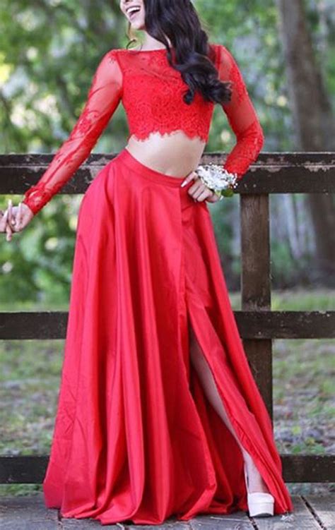 Macloth Two Piece Long Sleeves Lace Taffeta Prom Dress 2017 Red Formal