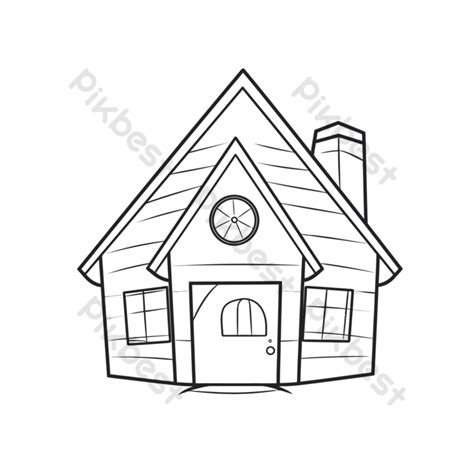 Outline Sketch Cute Drawing Of A Small Cartoon House On White