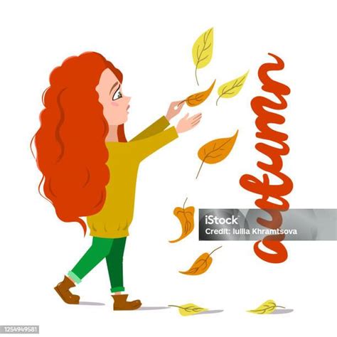 떨어지는 나뭇잎에서 춤추는 소녀의 벡터 플랫 일러스트 노란 스웨터에 빨간 머리를 가진 소녀 계절의 가을 인사 가을에 대한 스톡 벡터 아트 및 기타 이미지 Istock